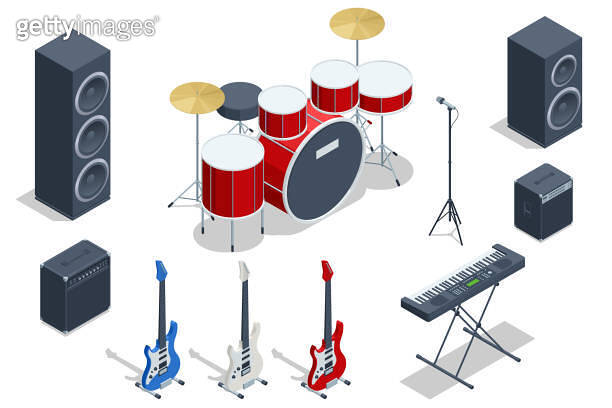 Isometric set of musical instrument Synthesizer analog sound, Drum kit ...