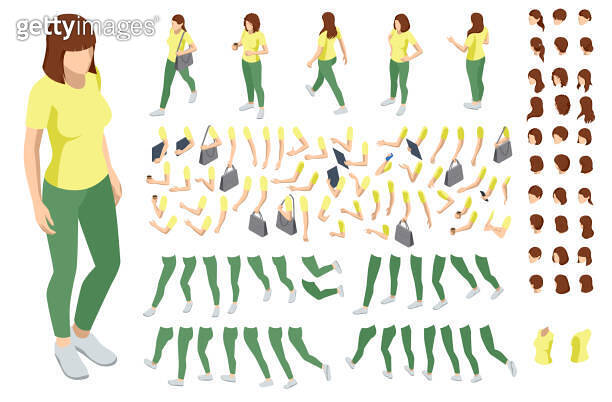 Isometric brown-haired woman character constructor. Front and back view ...
