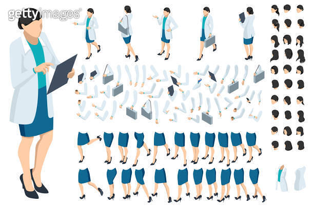 Isometric brown-haired woman character constructor. Front and back view ...