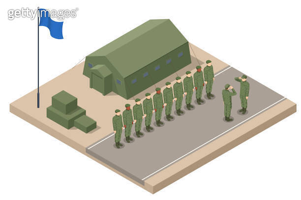 Isometric Soldiers standing in line at camp. Special force crew ...