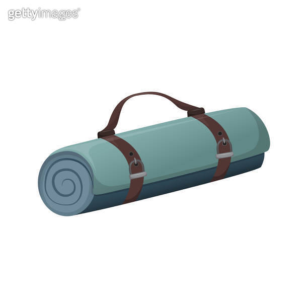 Blue roll-up camping mat. Yoga mat. Warm blanket. Cartoon vector ...