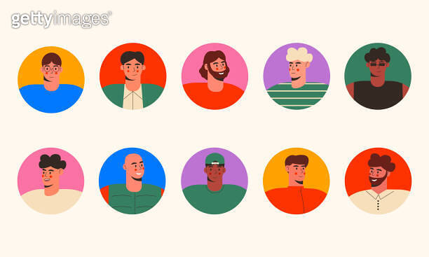 Men Avatars in round frame vector flat illustration. Diverse Male faces ...