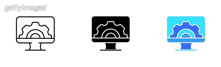 Computer monitor with a gear line icon. Settings, control panel, adjust ...