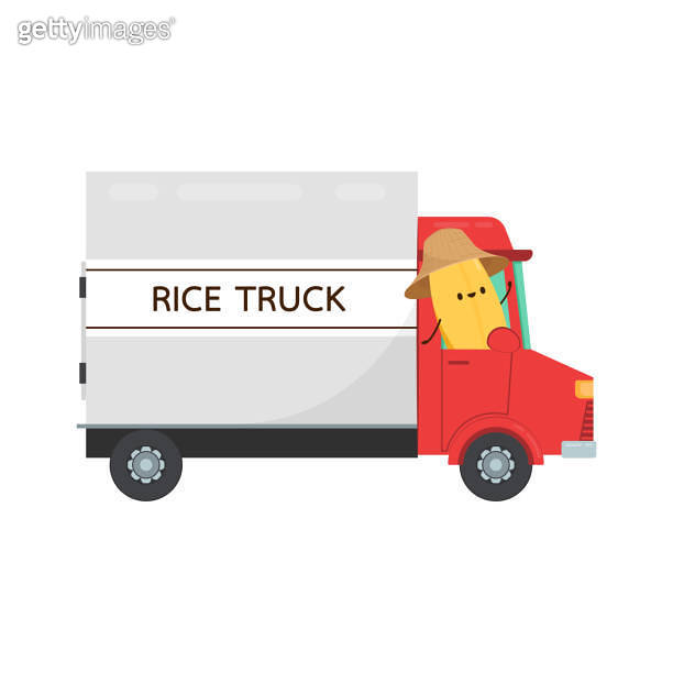 Rice truck cartoon. Rice character design. Rice basket and Rice sack ...