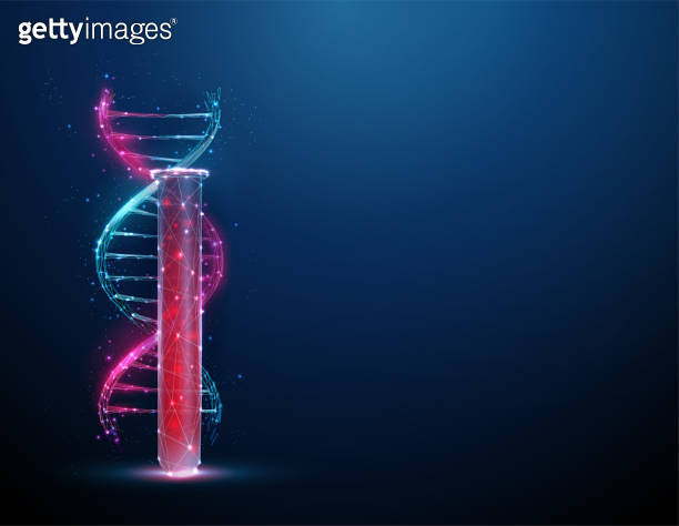 Color 3d DNA molecule helix near the lab test tube with blood inside ...