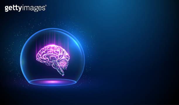 Abstract brain in blue glass dome. Neon sphere shield 이미지 (1483538231 ...
