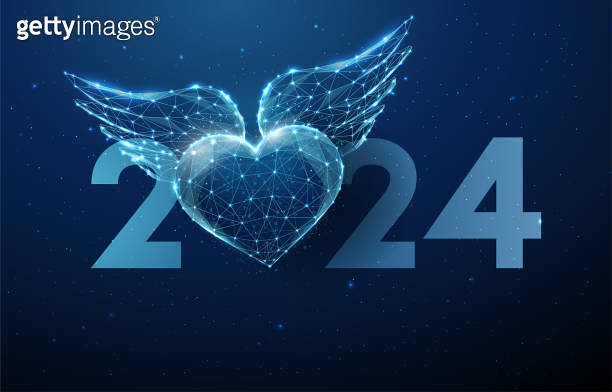 Abstract Happy 2024 New Year greeting card with flying blue heart with ...