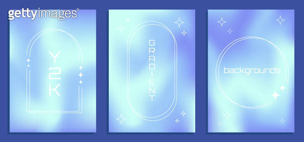 Y2k three vector blue gradient backgrounds with white frames with stars ...
