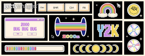 Set of different stickers, open computer windows, buttons in 2000s ...