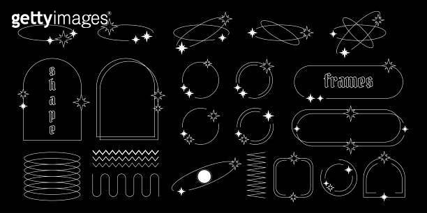Set of Y2K border line frames with stars, labels, stickers, abstract ...