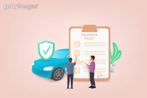 3d car insurance concept. 3d icon car, insurance document, and shield ...