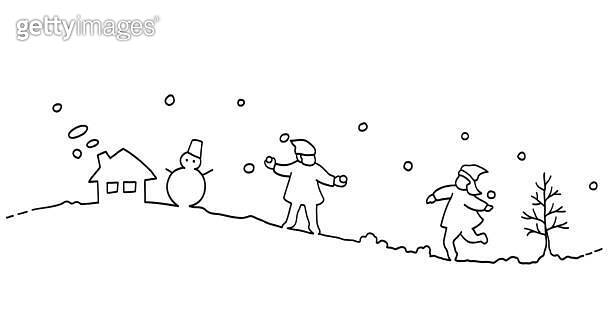 Line drawing illustration of a winter landscape with children having a ...