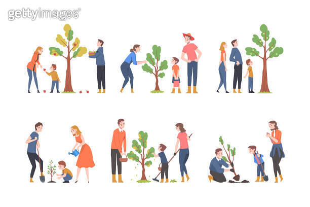 People Characters Planting Tree Sapling Picking Fruits Vector ...