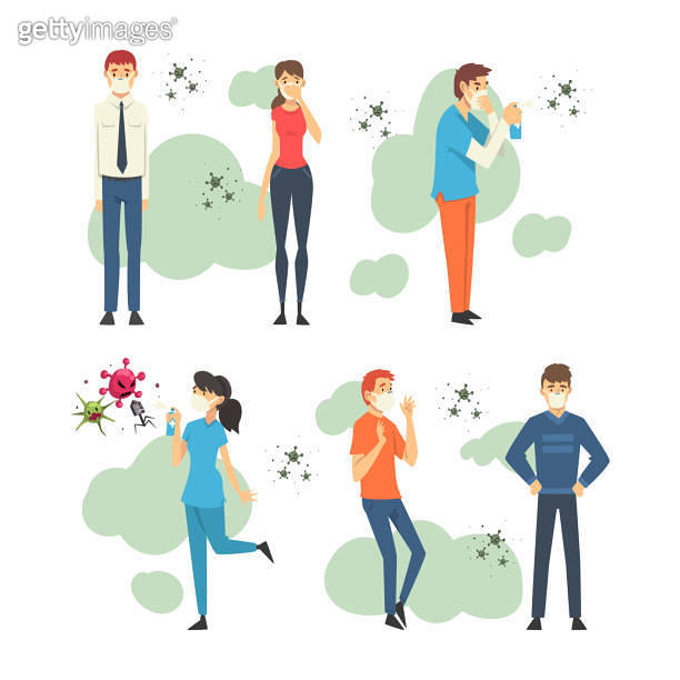 Set of people wearing medical masks protecting themselves from viruses ...