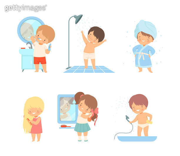 Child morning bathroom routine. Cute kids taking shower, combing hair ...