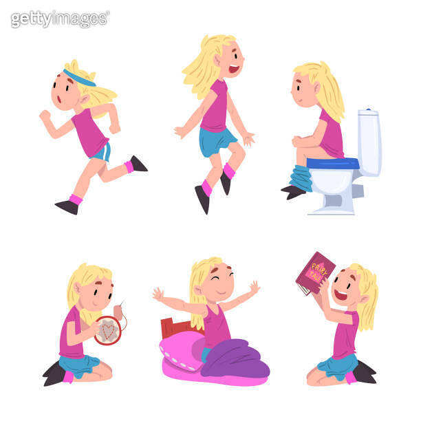 Cute girl daily routine set. Little child in everyday activities ...