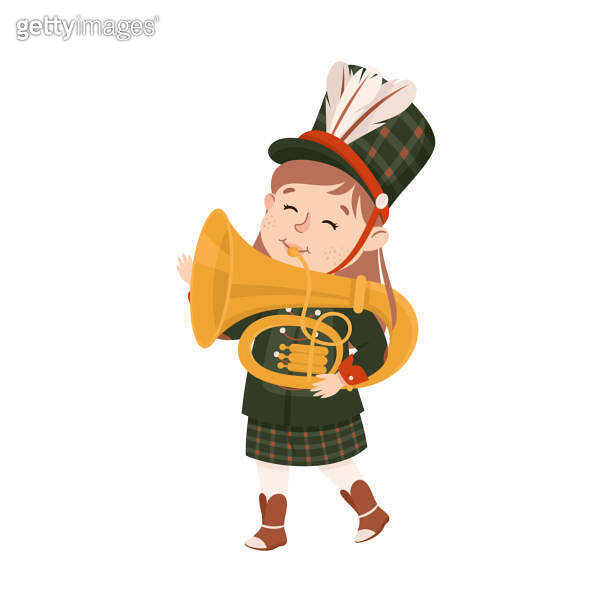 Cute girl in black traditional costume playing tuba musical instrument ...