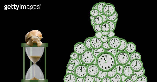 Human outline image filled with many clock faces, hourglass with snail ...