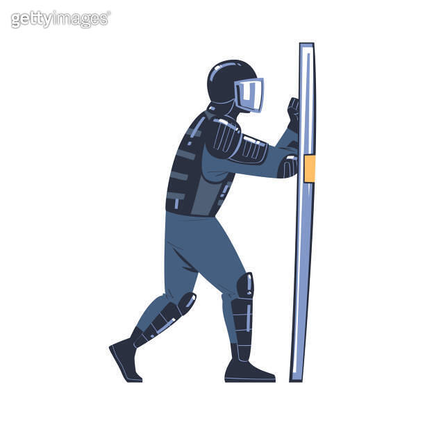 Riot Police Officer and Squad Member in Uniform and Helmet Hiding Under ...