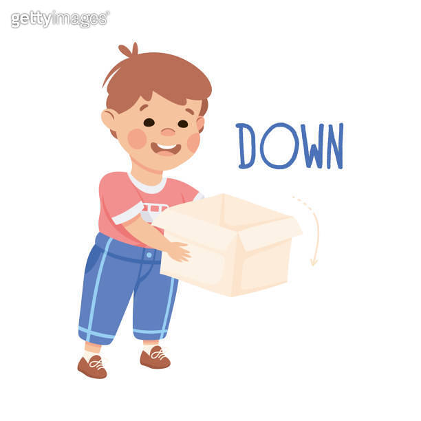 Little Boy Dropping Cardboard Box Down as Preposition Demonstration ...