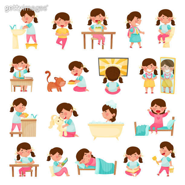 Little Girl Daily Routine and Day Activity Big Vector Set (1494015962 ...