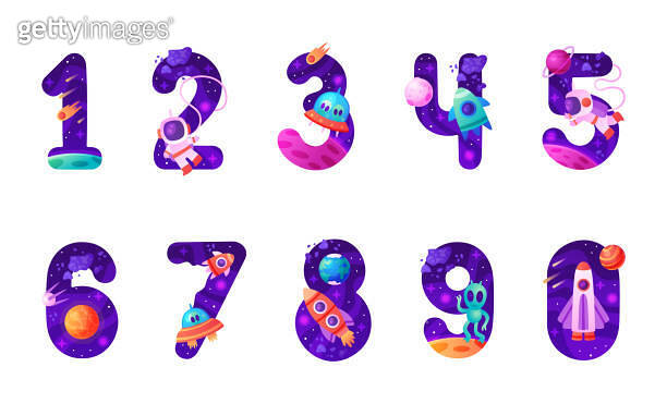 Space Numbers and Cosmic Numeral with Shuttle and Planet Vector Set ...