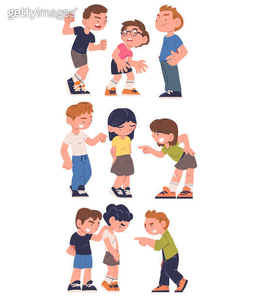 Sad kids being bullied by schoolmates set. Children laughing and ...