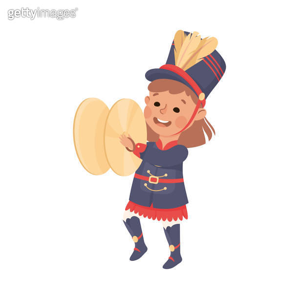 Cute girl playing cymbals musical instrument in marching band parade ...