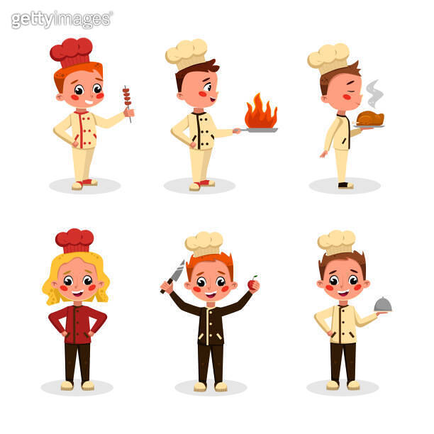 Little Boy and Girl Chef Character in Toque Cooking Food Vector Set ...