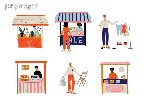 People selling and shopping at walking street set. Summer fair. Market ...