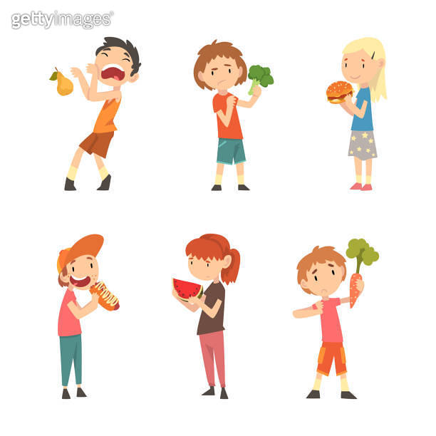 Picky kids refusing vegetables and fruit prefer fast food dishes set ...