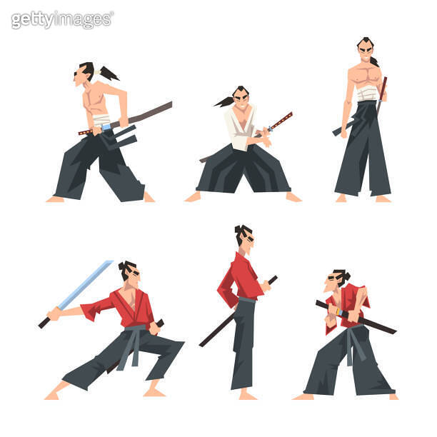 Man Samurai Warrior as Asian Fighters with Swords in Different Pose ...