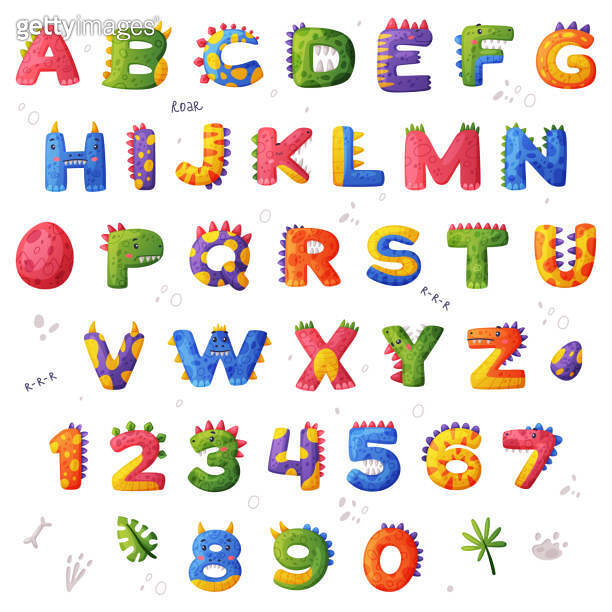 Dinosaur alphabet letters and numbers. Dino font. Abc for kids, nursery ...