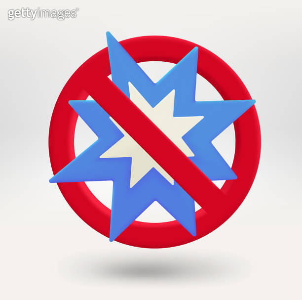 Comic flash symbol in a red circle with crossed line. 3d vector icon ...