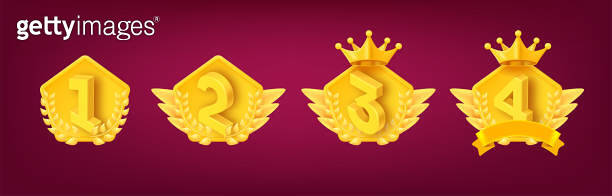 Golden rank emblems with numbers and wreaths. Game achievement badges ...