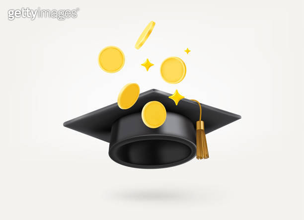Graduation cap with gold coins. Pay for education concept. 3d vector ...