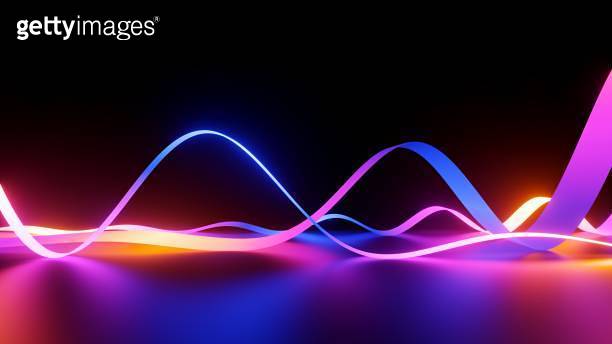 simple abstract background with colorful neon wavy ribbons, glowing in ...
