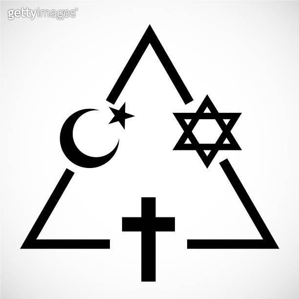 Religious signs united in triangle: Islam, Christianity, Judaism ...