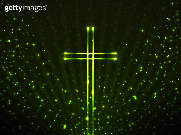 Glowing christian cross on background glitter particles and glowing ...