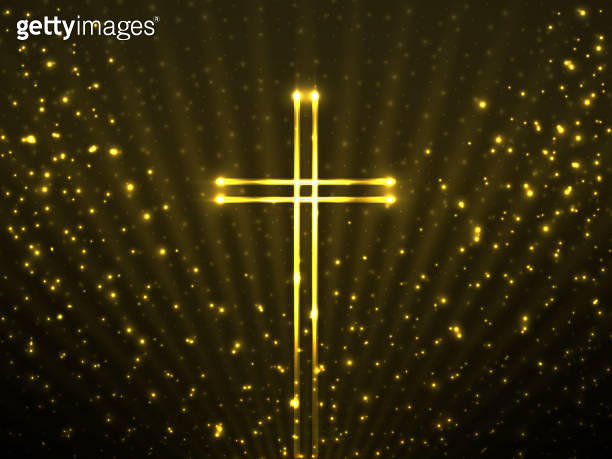 Glowing christian cross on background glitter particles and glowing ...