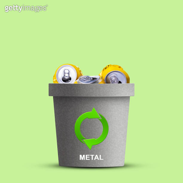 Crumpled aluminum beer cans in the trash can. Garbage sorting concept ...