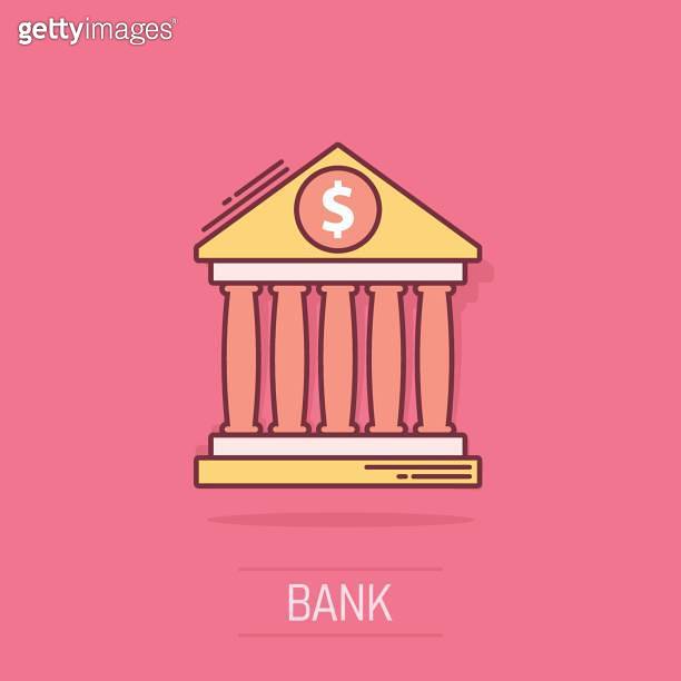 Vector cartoon bank building with dollar sign icon in comic style. Bank ...