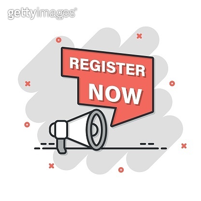 Register now icon in comic style. Registration cartoon vector ...