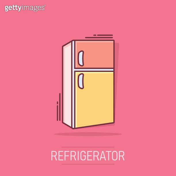 Fridge refrigerator icon in comic style. Freezer container vector ...