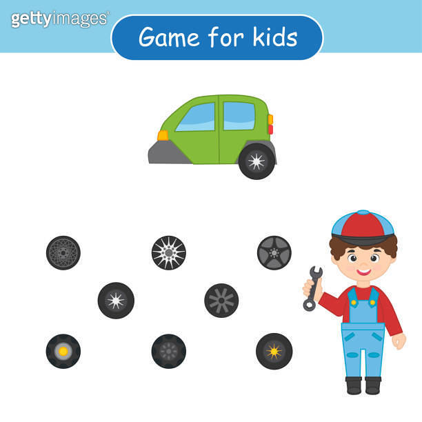 Education game for preschool children. Help mechanic find car wheel. Activity Worksheet vector ...