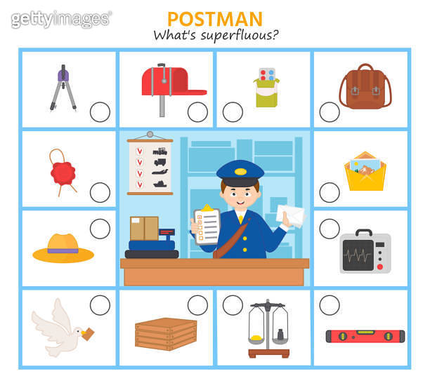Logic game for kids profession. Postman. What's superfluous Mark items ...
