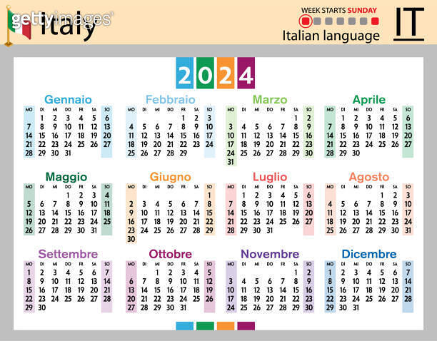 Italian horizontal pocket calendar for 2024. Week starts Sunday 이미지 ...