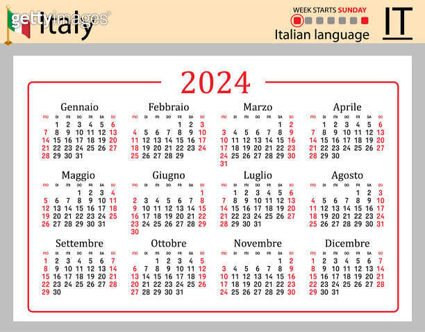 Italian horizontal pocket calendar for 2024. Week starts Sunday ...
