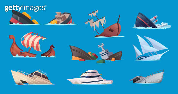 Broken sailor boats. Crash accident in sea damaged ships and ...