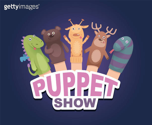 Puppet show. cartoon animals socks puppets. Vector logotype for theatre ...